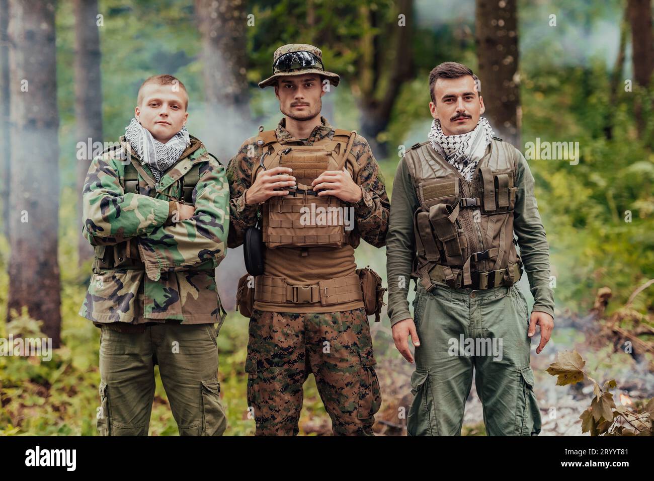 Group of soldiers in oposit sides celebrating peace after battle Stock ...