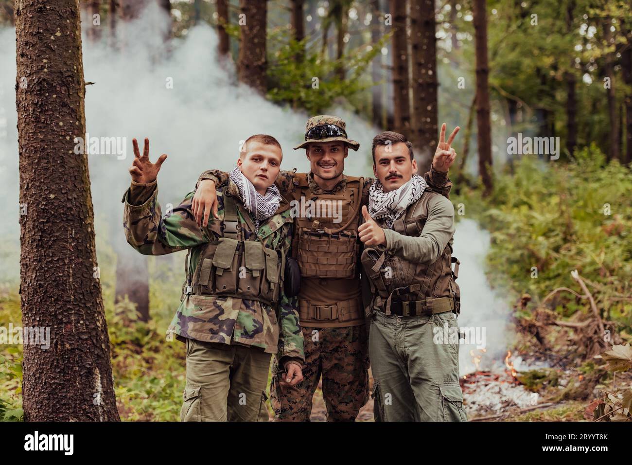 Group of soldiers in oposit sides celebrating peace after battle Stock ...