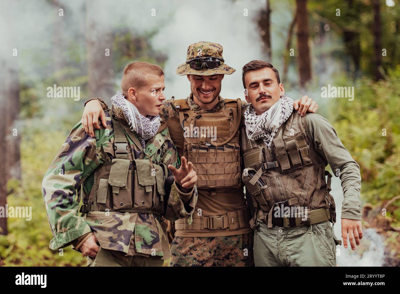 Group of soldiers in oposit sides celebrating peace after battle Stock ...