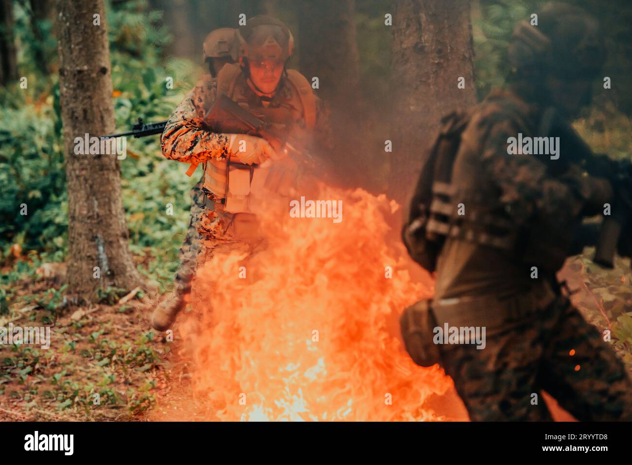 Soldier in Action at Night in the Forest Area. Night Time Military ...