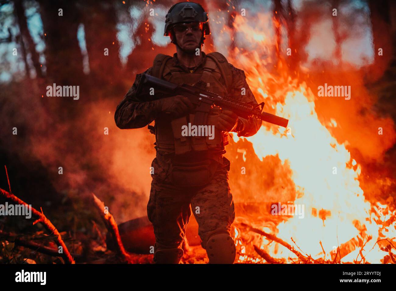 Soldier in Action at Night in the Forest Area. Night Time Military ...