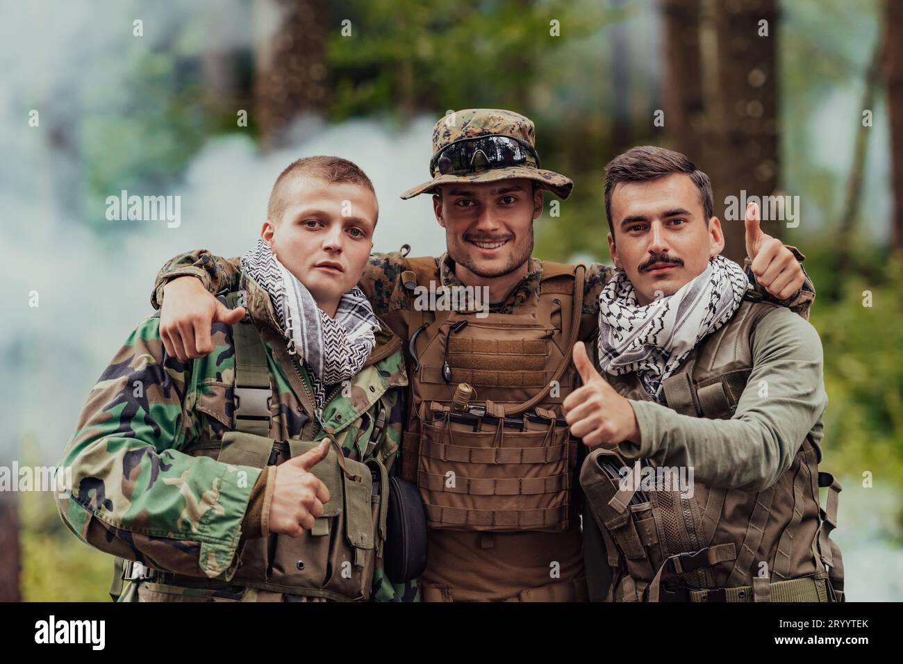 Group of soldiers in oposit sides celebrating peace after battle Stock ...