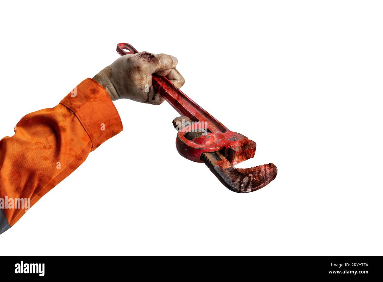 The hand of a scary construction worker zombie with blood and wounds ...