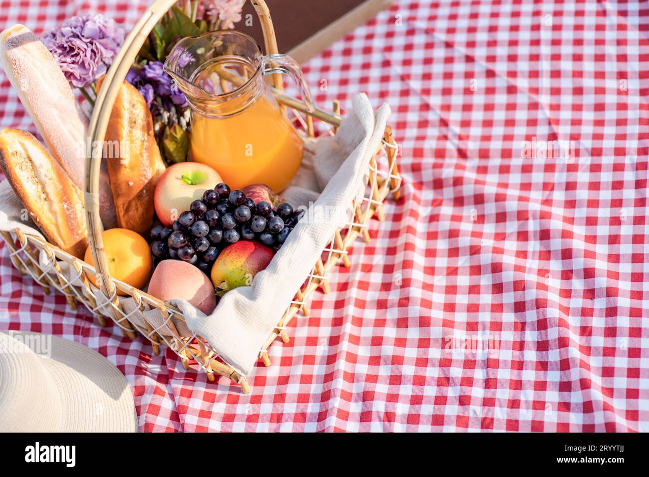 Picnic Lunch Meal Outdoors Park with food picnic basket. enjoying ...