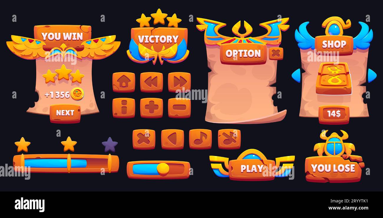 Egyptian game user interface elements and buttons. Cartoon vector illustration set of ui menu ...