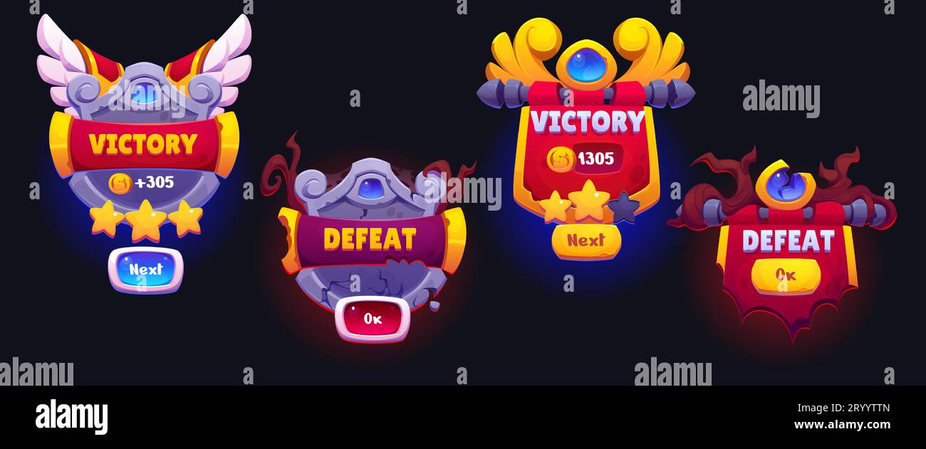 Victory and defeat game ui badges set isolated on black background ...
