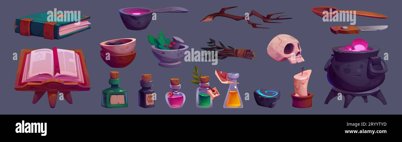 Witch or wizard magic elements set. Cartoon vector illustration set of ...