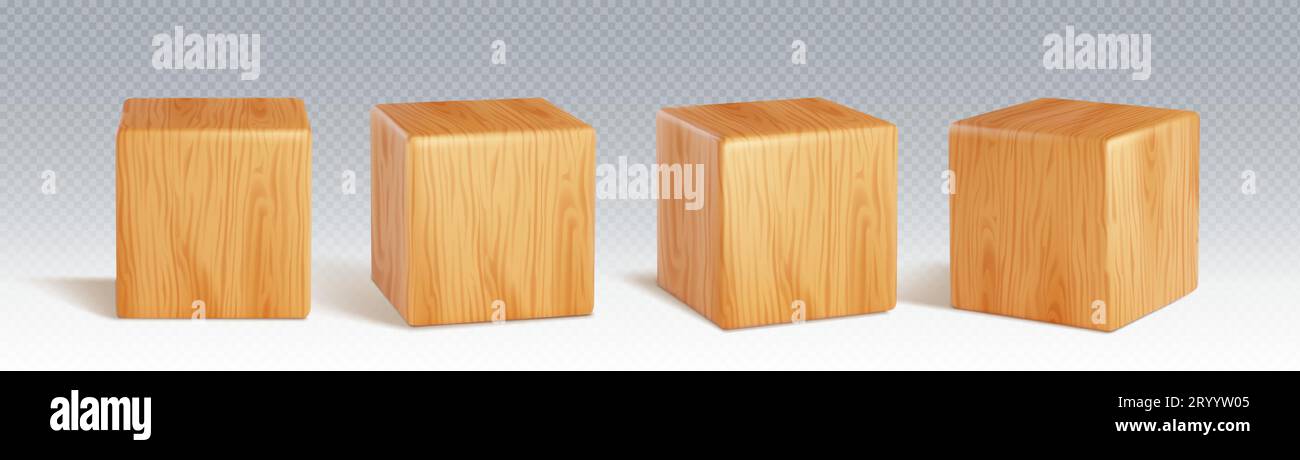 Wooden cube block realistic 3d vector illustration set. square platform ...