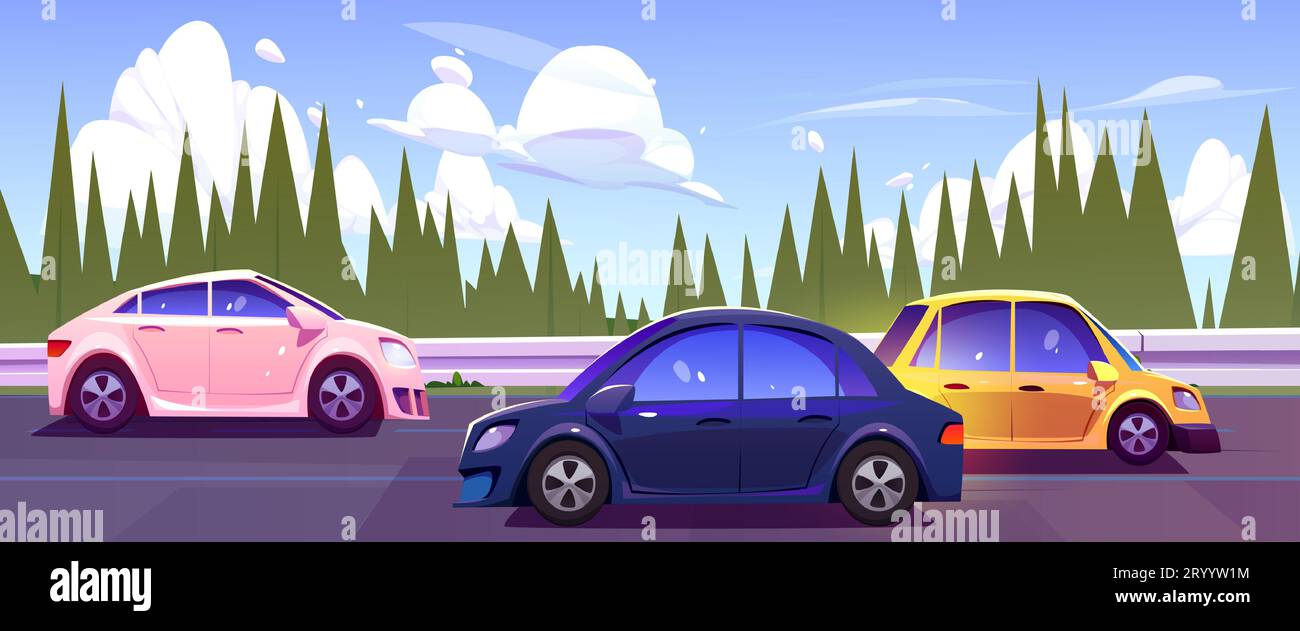 Cars driving highway along forest. Vector cartoon illustration of ...