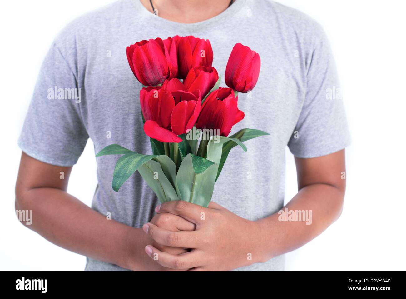 Man holding red rose flower. Valentines day and Couples concept. Love ...