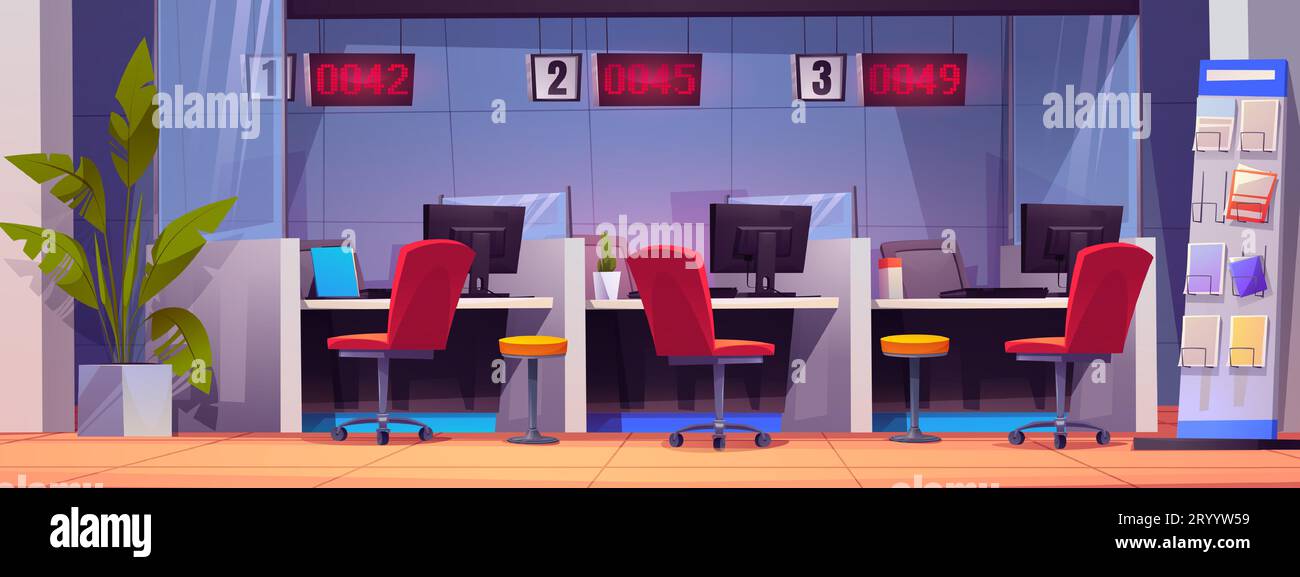 Bank customer service office interior - cartoon vector illustration ...
