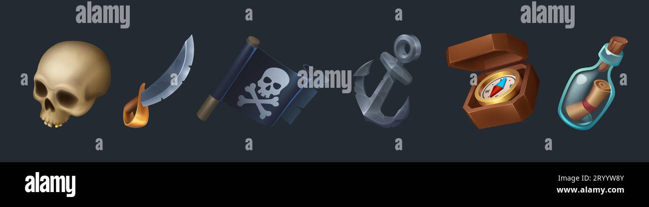 Pirate game ui icon element with map and skull. Adventure for caribbean ...