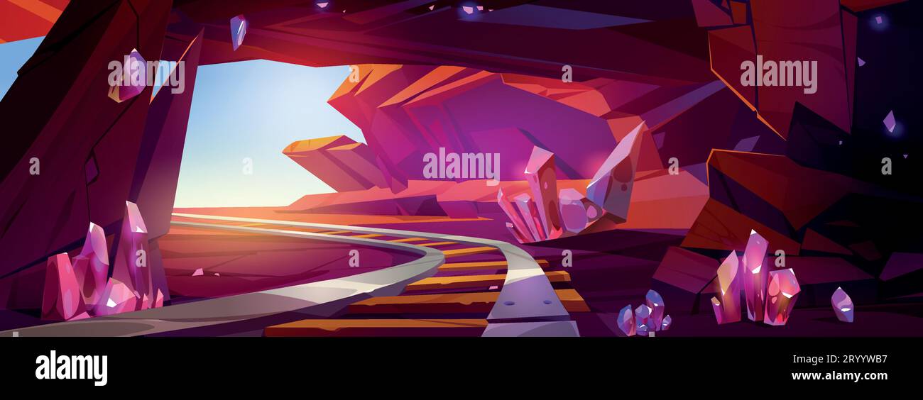 Pink crystal mine cave entrance game cartoon background. Fantasy ...