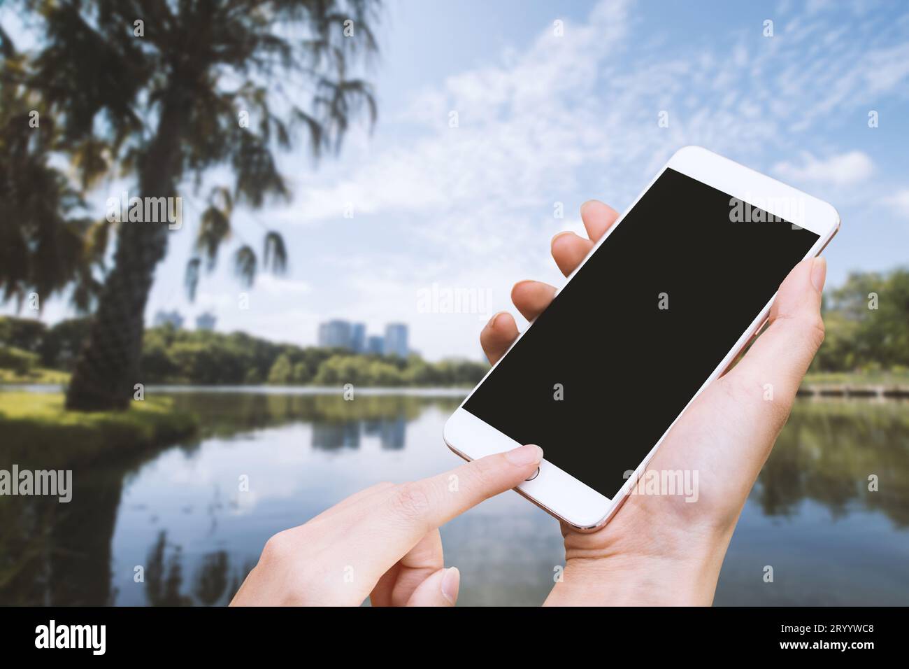 Woman hold smart phone and touch button by hand with blank screen for ...