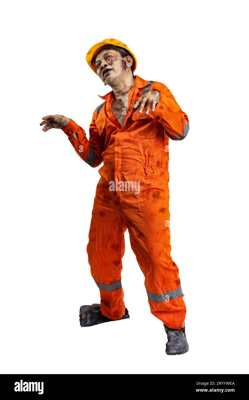 A scary construction worker zombie with blood and wounds on his body ...