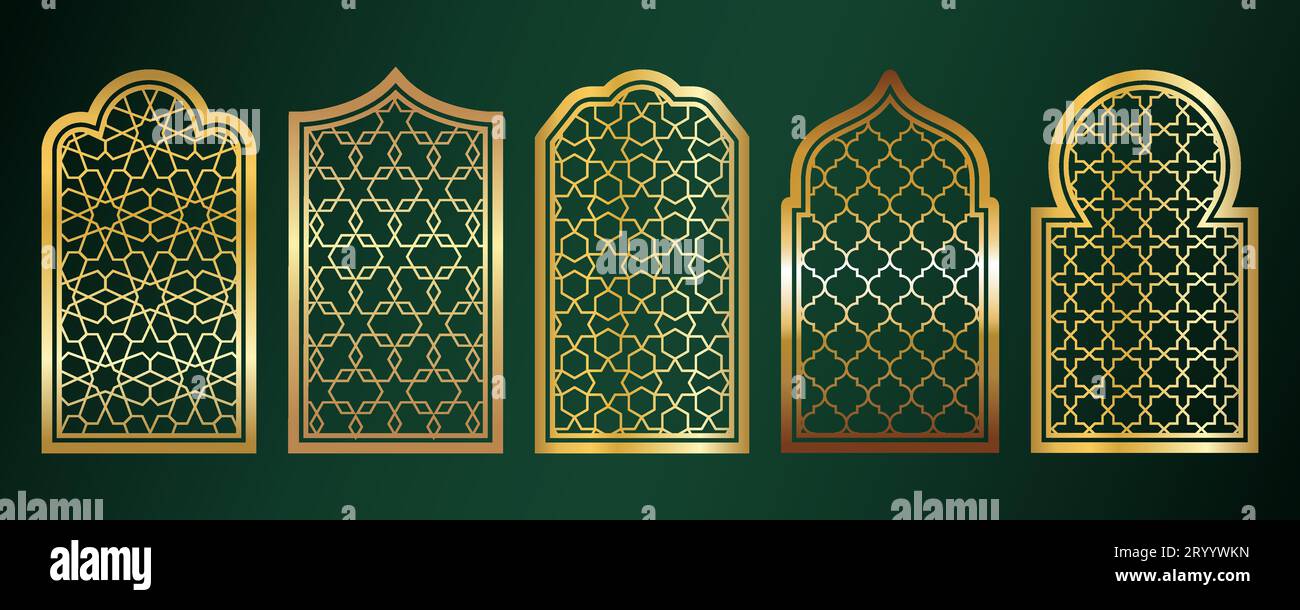 Golden Ramadan windows. Islamic door frames with ornament. Arabic ...