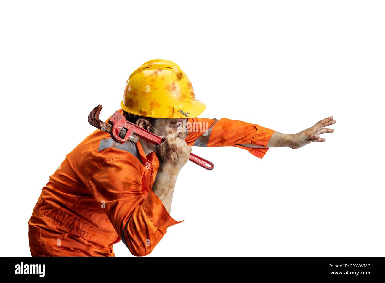 A scary construction worker zombie with blood and wounds on his body ...
