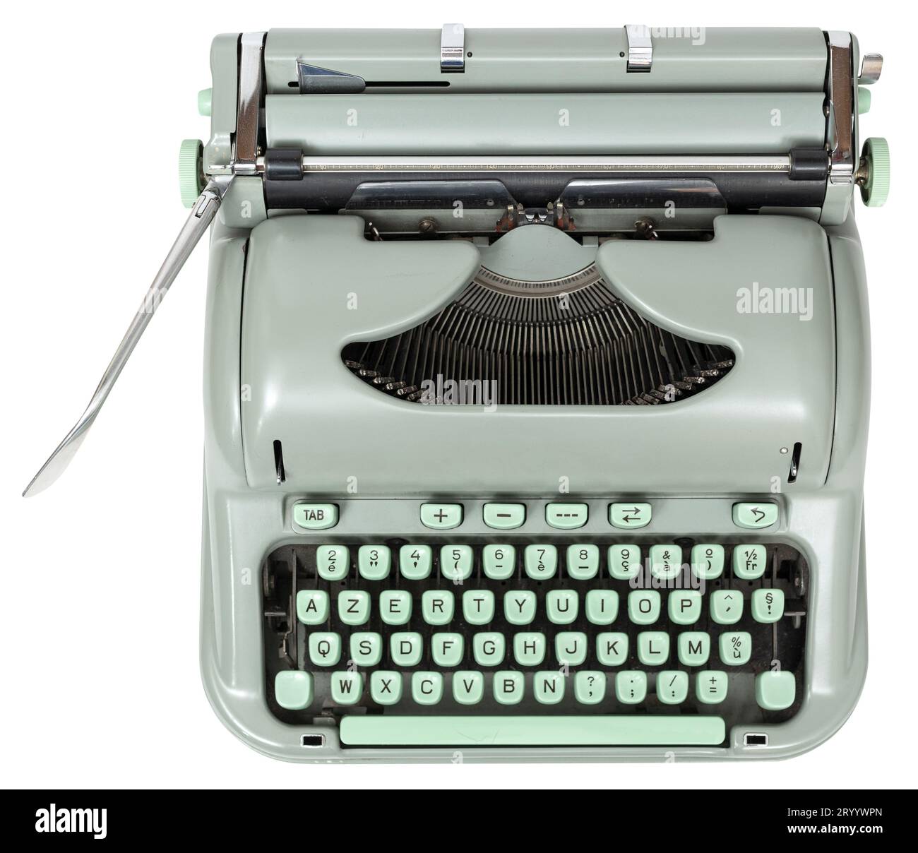 Retro vintage green typewriter isolated on white background. Top view ...
