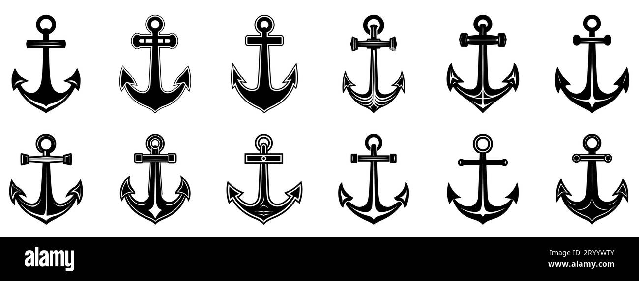 Anchor icon. Various shapes of anchors. Set of black anchor icons ...