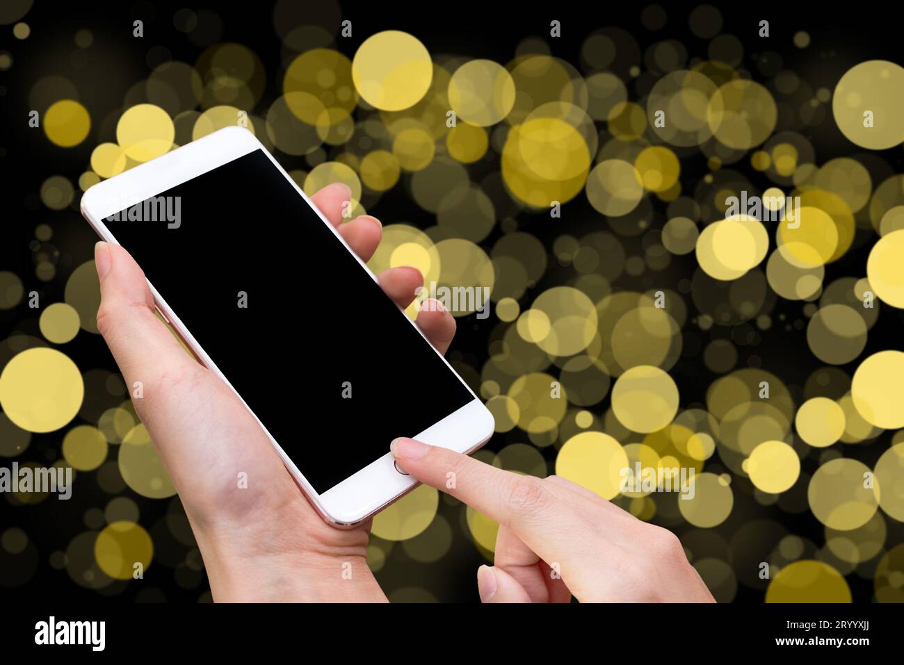 Woman hold smart phone and touch button by hand with blank screen for ...