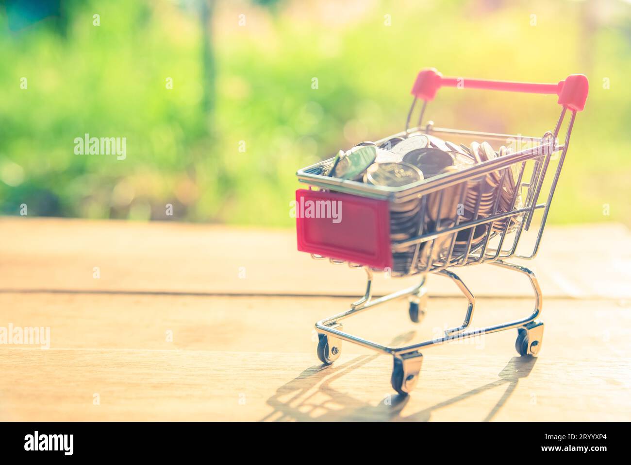 Shopping cart on wooden table with coins in outdoor nature background ...