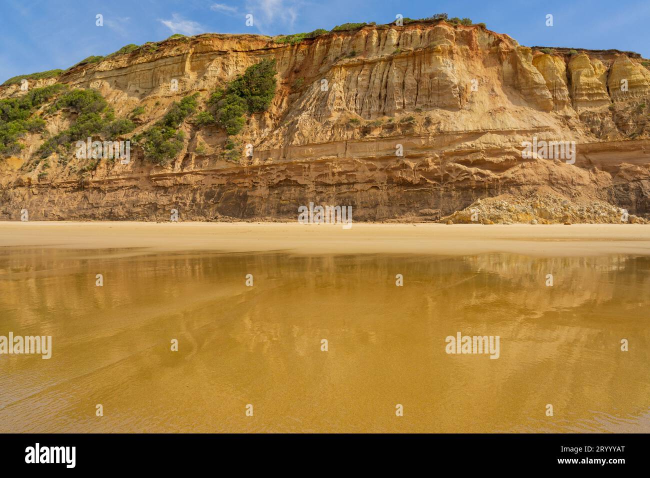 Low angled view of sea cliffs reflected on a wet sandy beach on the ...