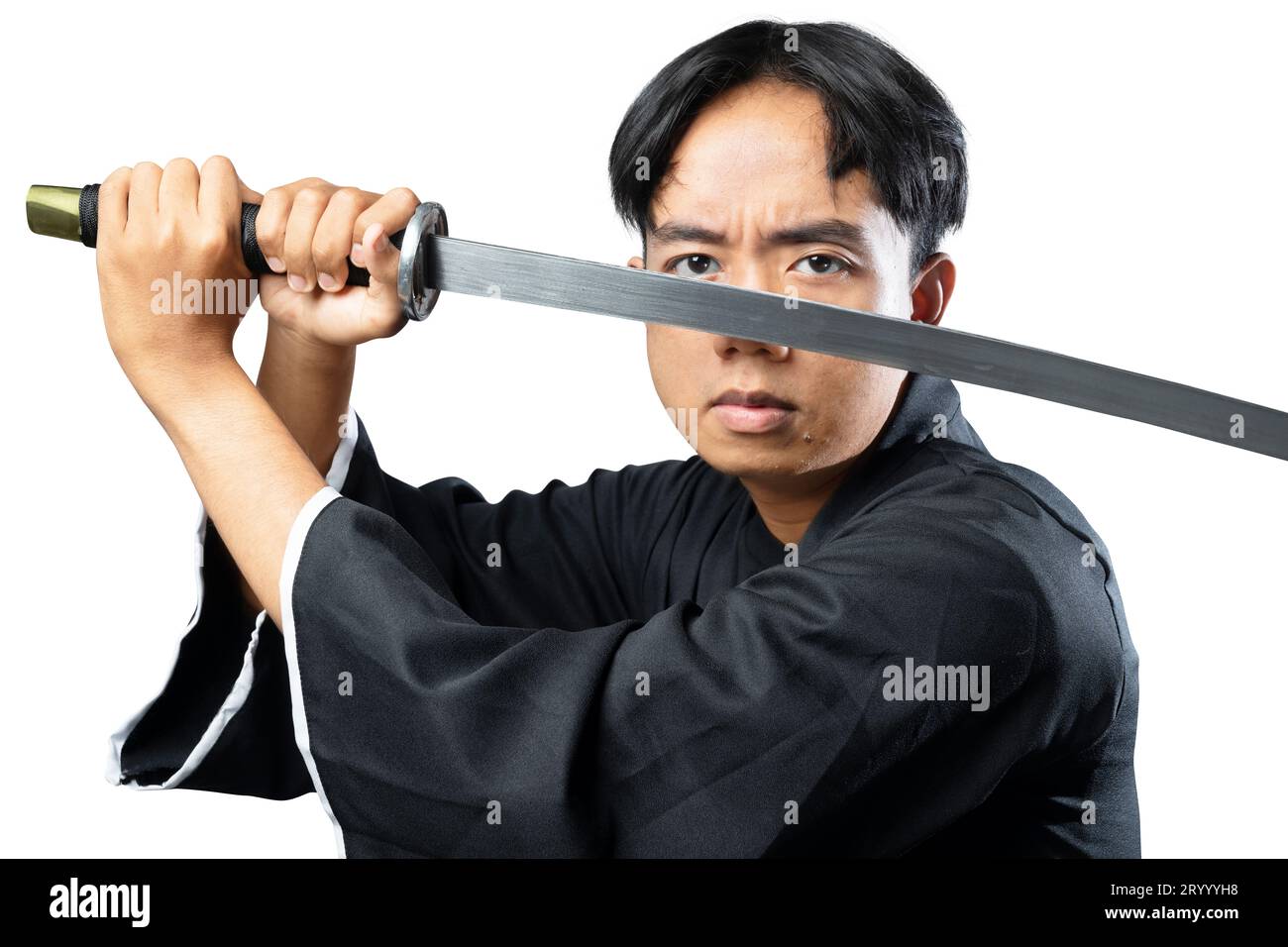 Samurai warrior holding the sword isolated over white background Stock ...
