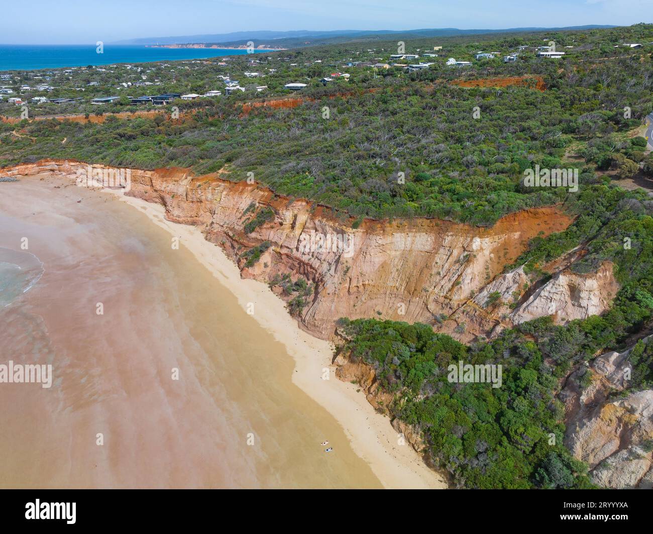 Aerial view of eroded cliffs along the Great Ocean Road at Anglesea in ...