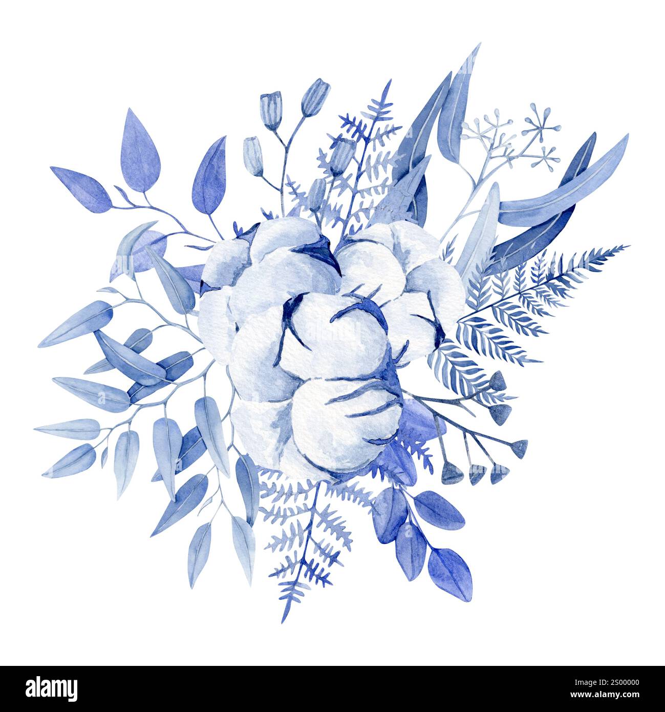 Watercolor composition in blue color from cotton, different types of ...