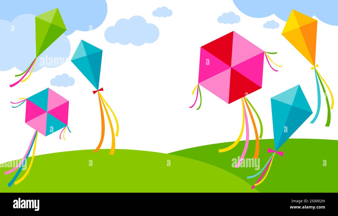 Banner background with colorful kites in the sky. Green meadow border ...