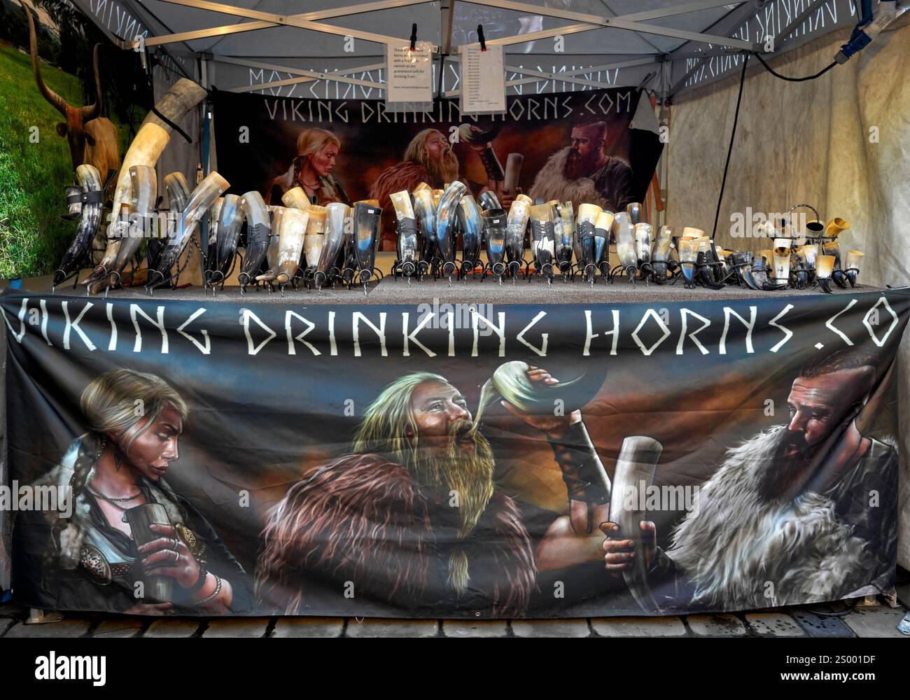 Viking drinking horns for sale on a street market stall Stock Photo - Alamy