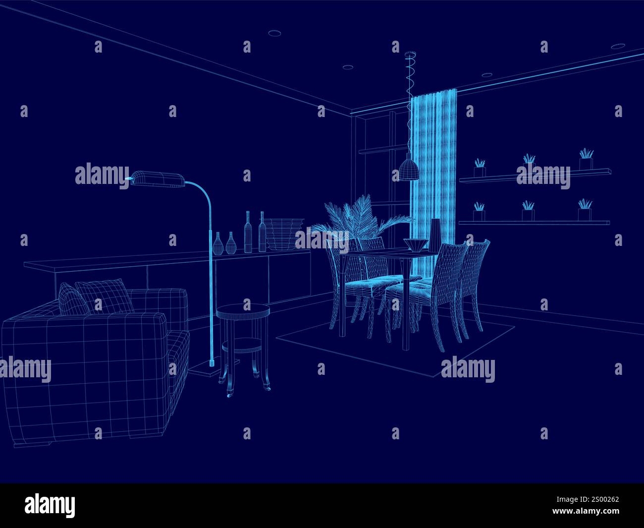 Wireframe Living room interior. Comfortable sofa, TV, window, chair and ...