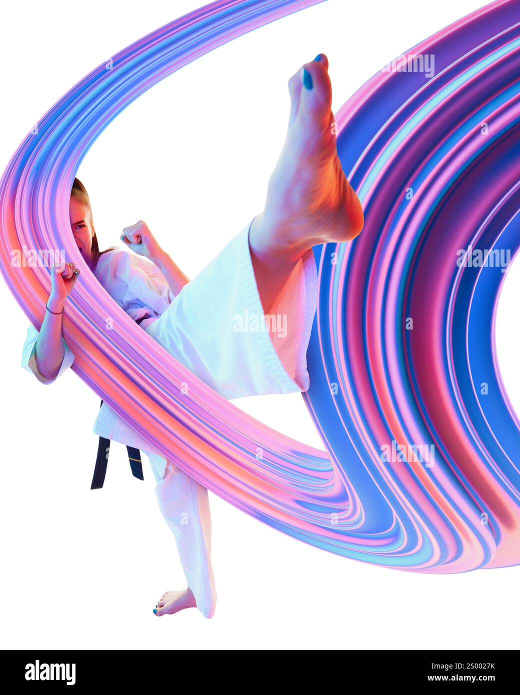 Poster. Contemporary art collage. Karate athlete delivering powerful kick surrounded by vibrant ...
