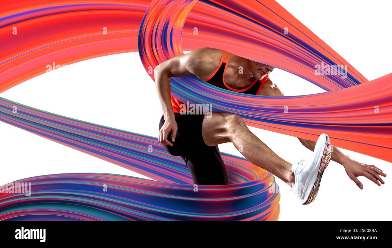 Poster. Contemporary art collage. Athlete in dynamic running motion ...