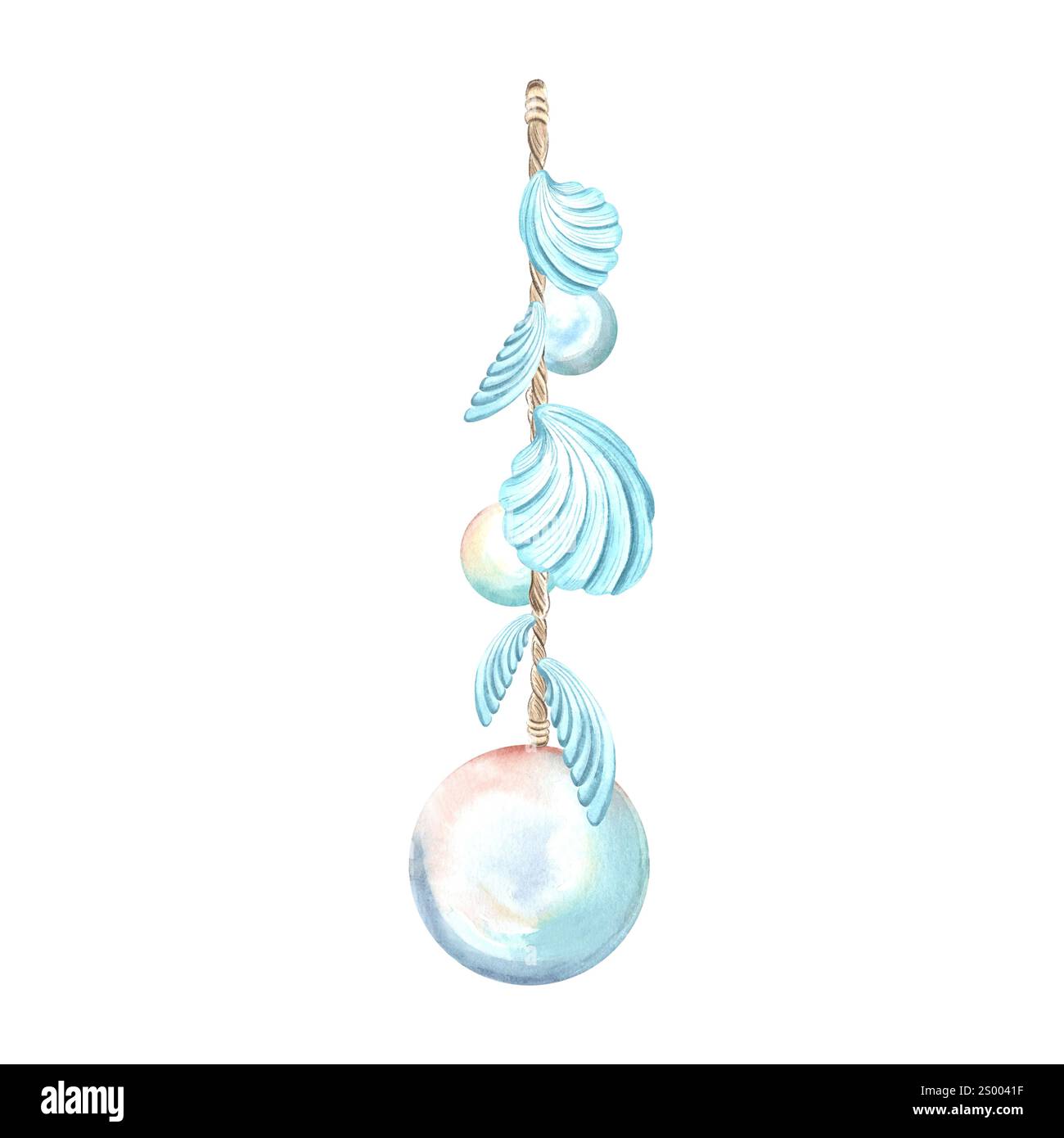 Pearls and turquoise seashells are hung on a rope. Hand drawn ...