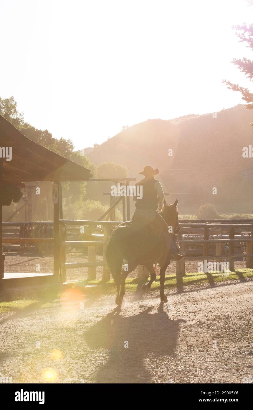 Cowboy rides away from barn through sunshine Stock Photo - Alamy