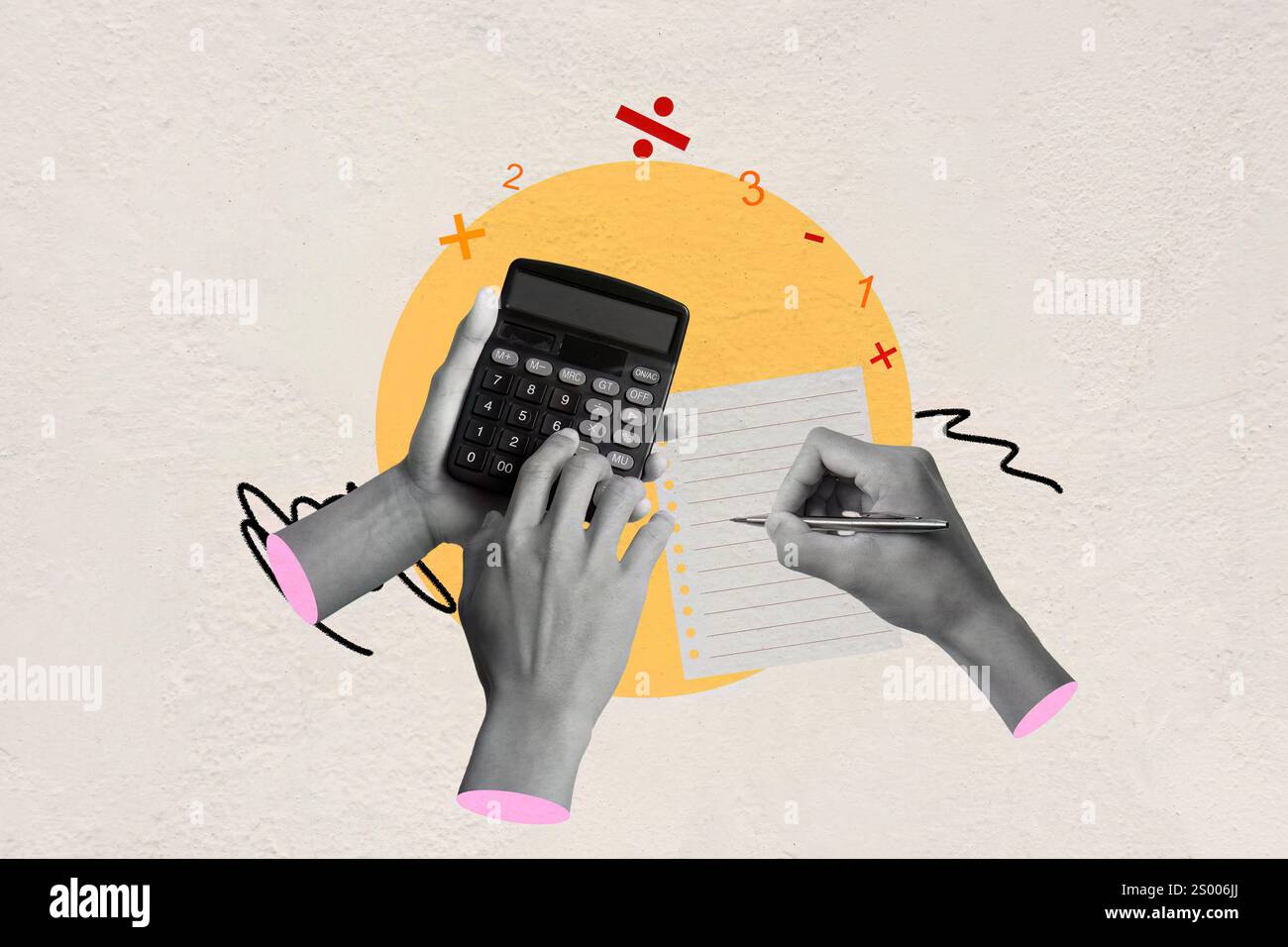 Creative Collage of Hands Calculating with Calculator and Notepad on ...