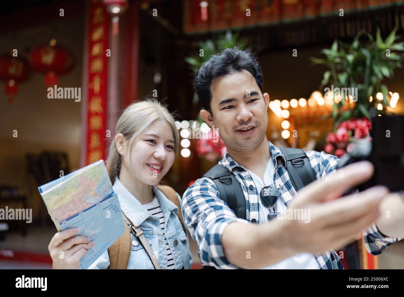 Happy Tourists Exploring a Vibrant City with Maps and Cameras ...