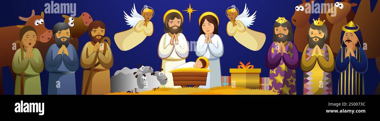 Festive horizontal banner with cartoon style Nativity scene. Mother ...