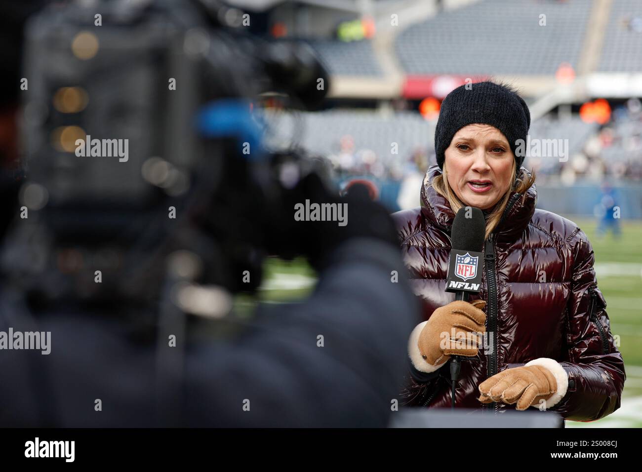 NFL Network reporter Stacey Dales works from the sideline before an NFL ...