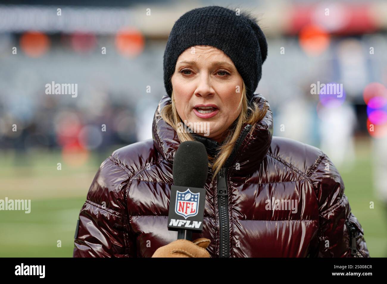 NFL Network reporter Stacey Dales works from the sideline before an NFL ...