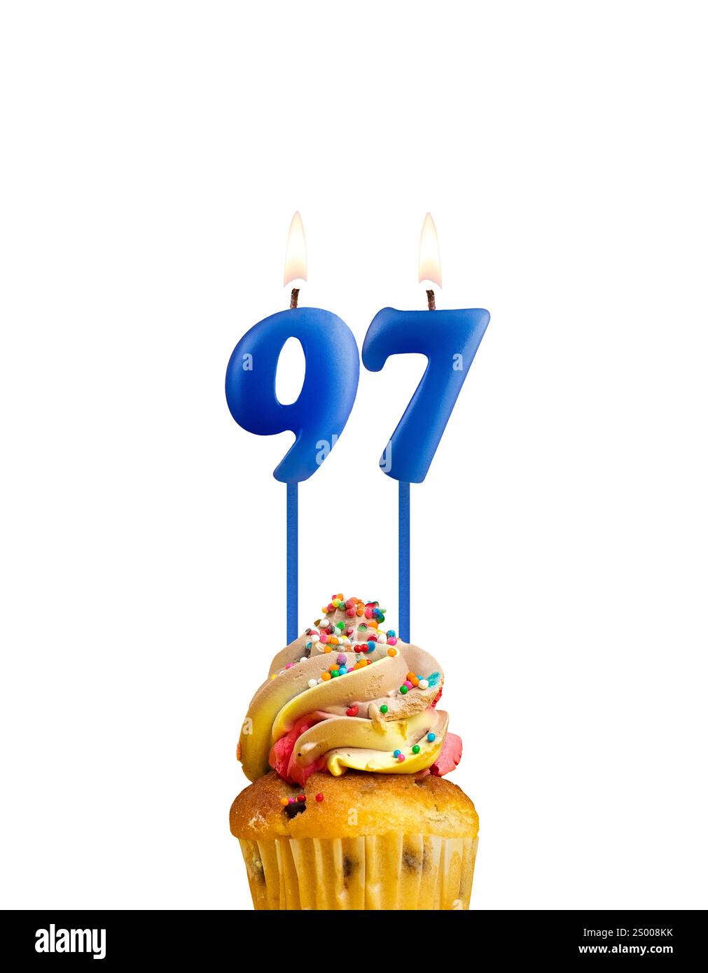 Blue number 97 candle - Birthday card on a white background Stock Photo ...