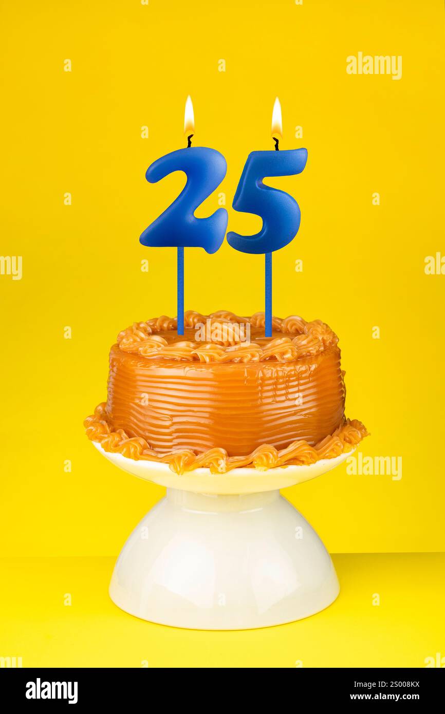 Happy birthday cake with number 25 candle - Card on a yellow background ...