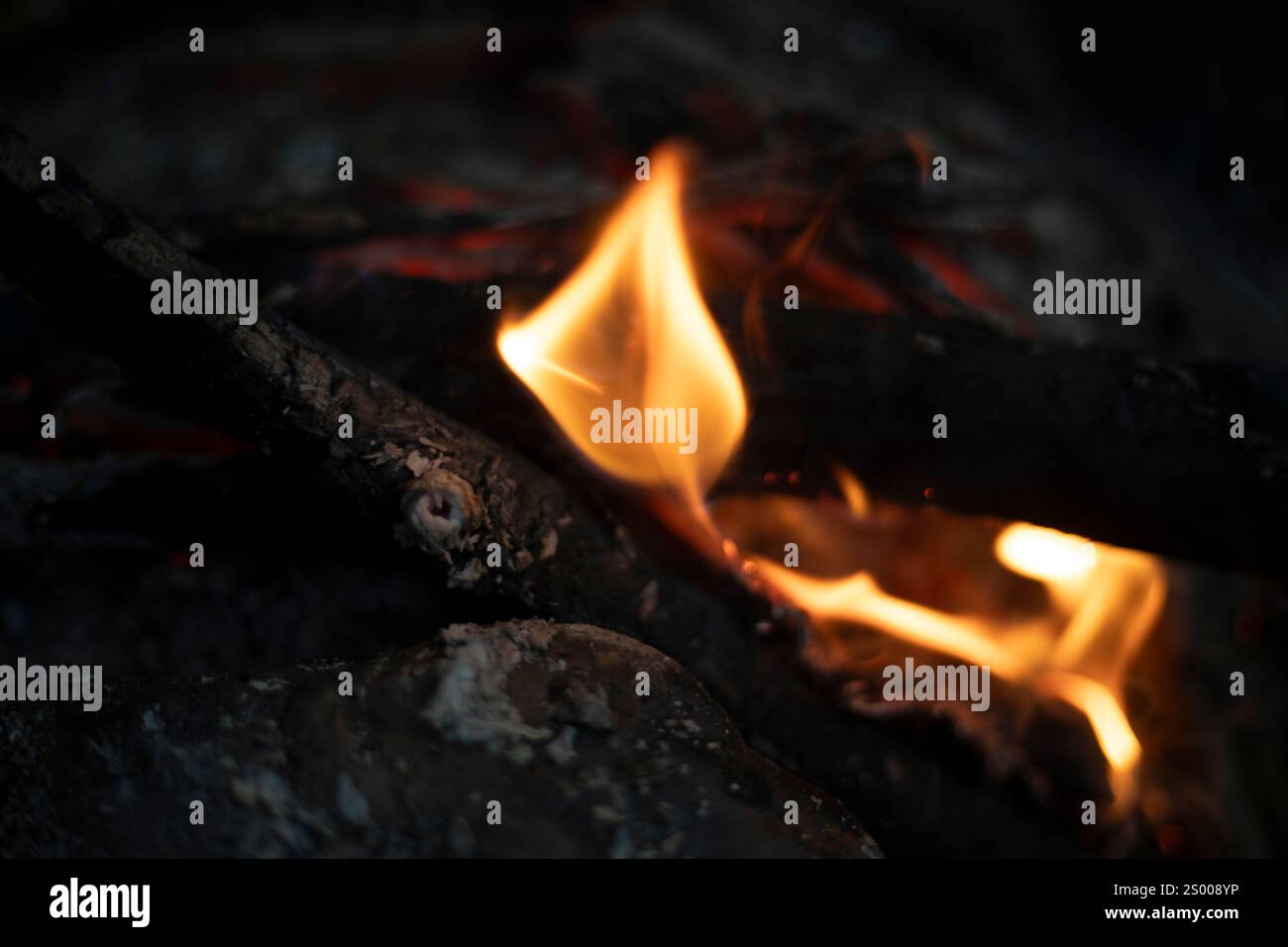 A fire in the woods. Fire among the rocks. Details of a picnic ...