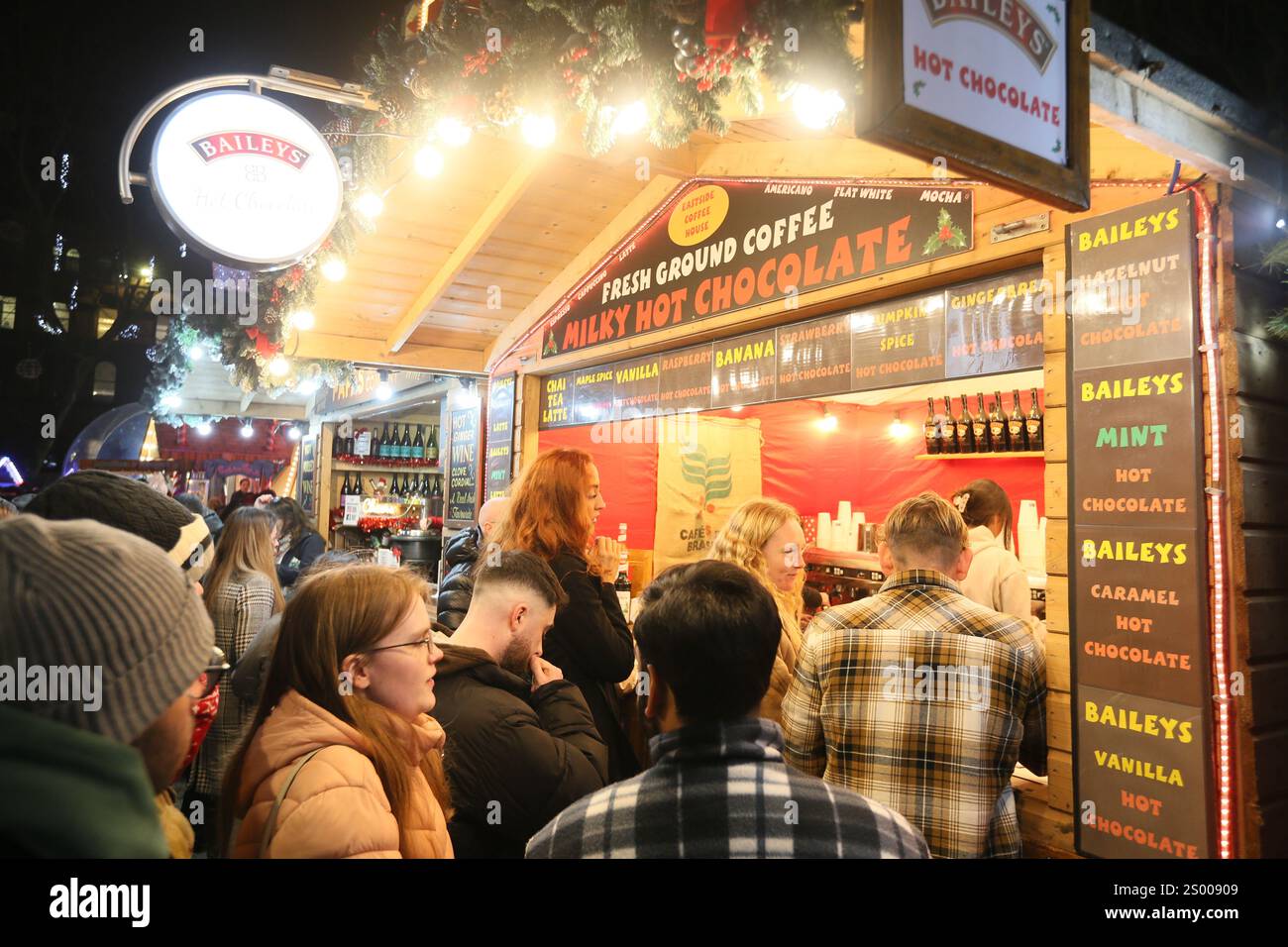A food Stall from the Christmas Market in Belfast city centre; locals ...