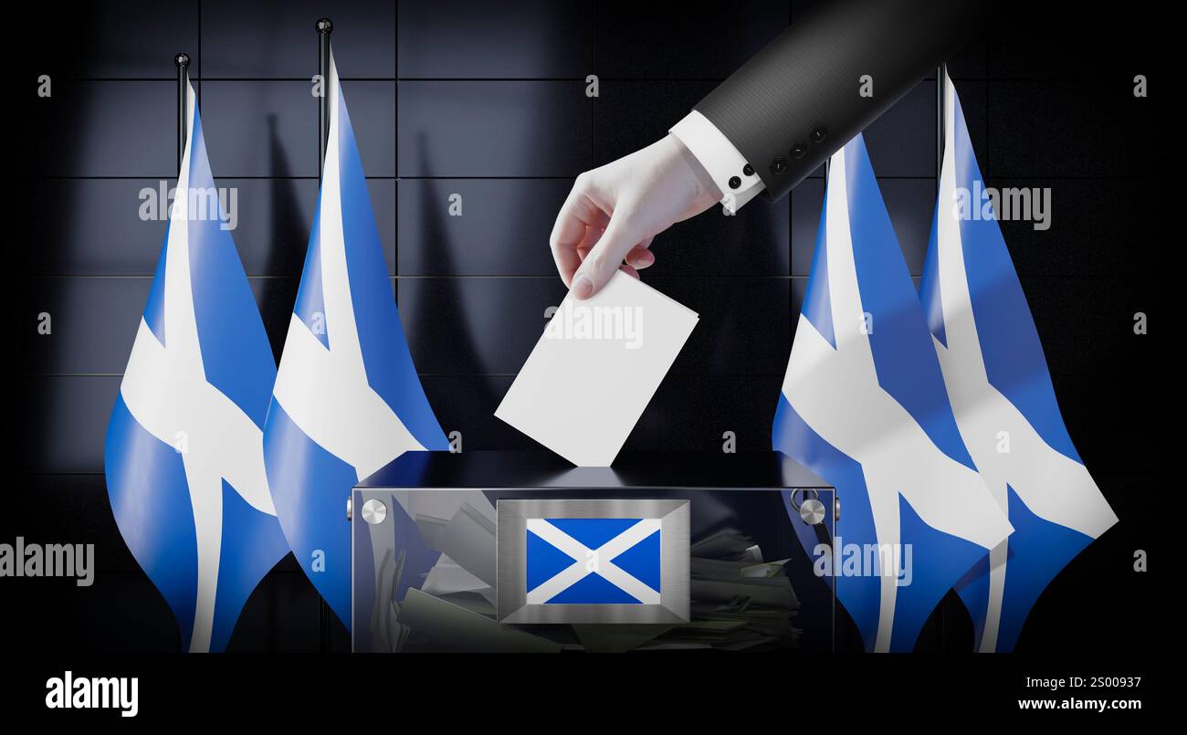 Scotland - flags and ballot box - voting, election concept - 3D ...
