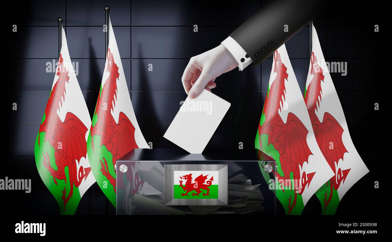 Wales - flags and ballot box - voting, election concept - 3D ...