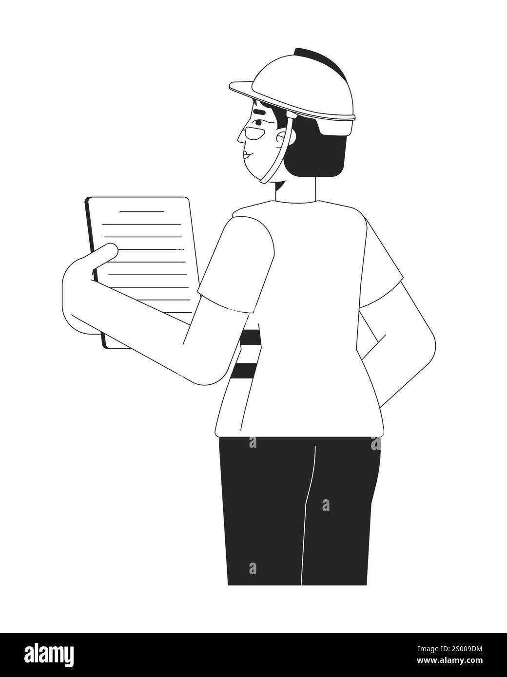 Female construction worker reviewing project document black and white ...