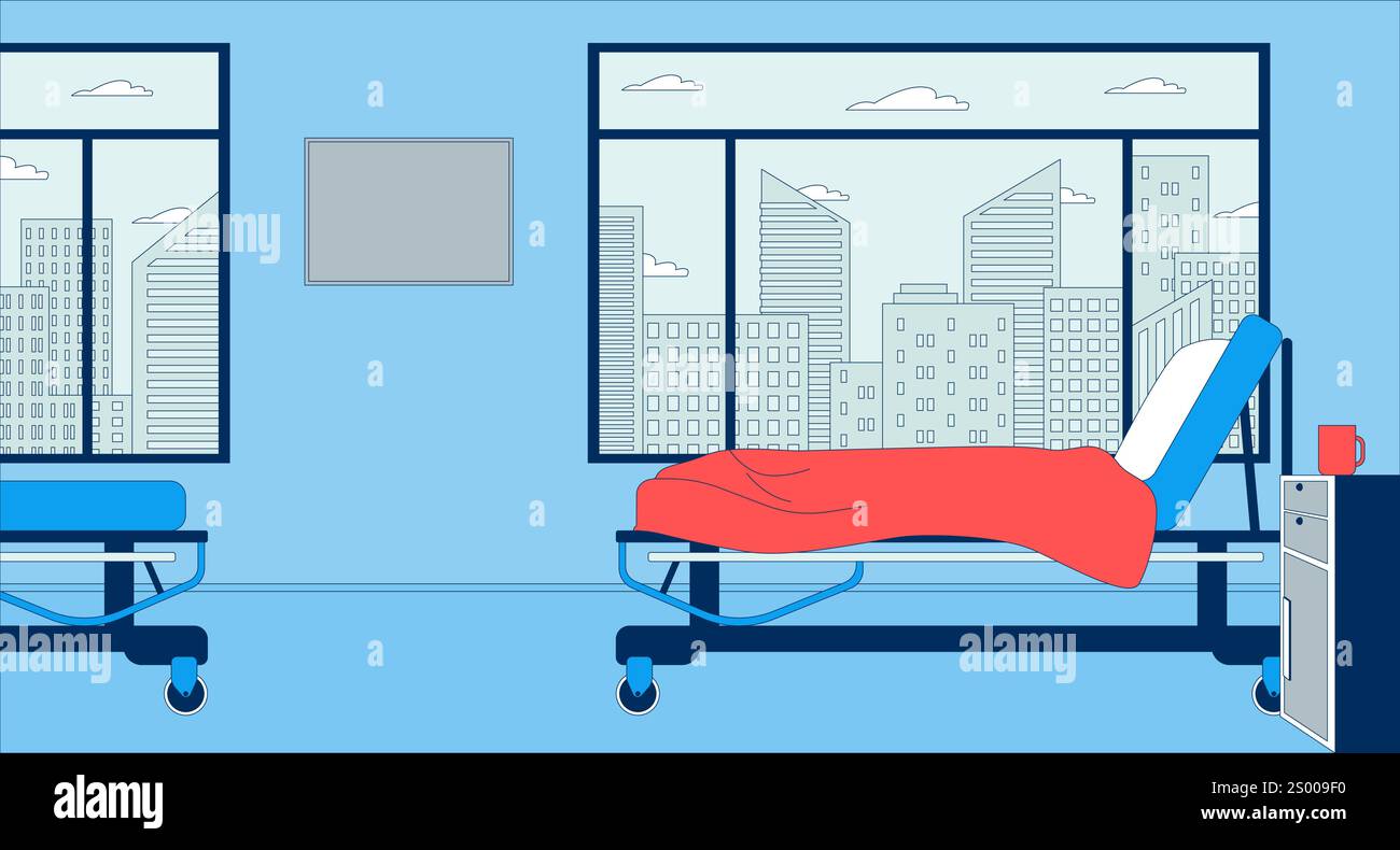 Empty hospital ward with adjustable bed on rolling wheels flat ...