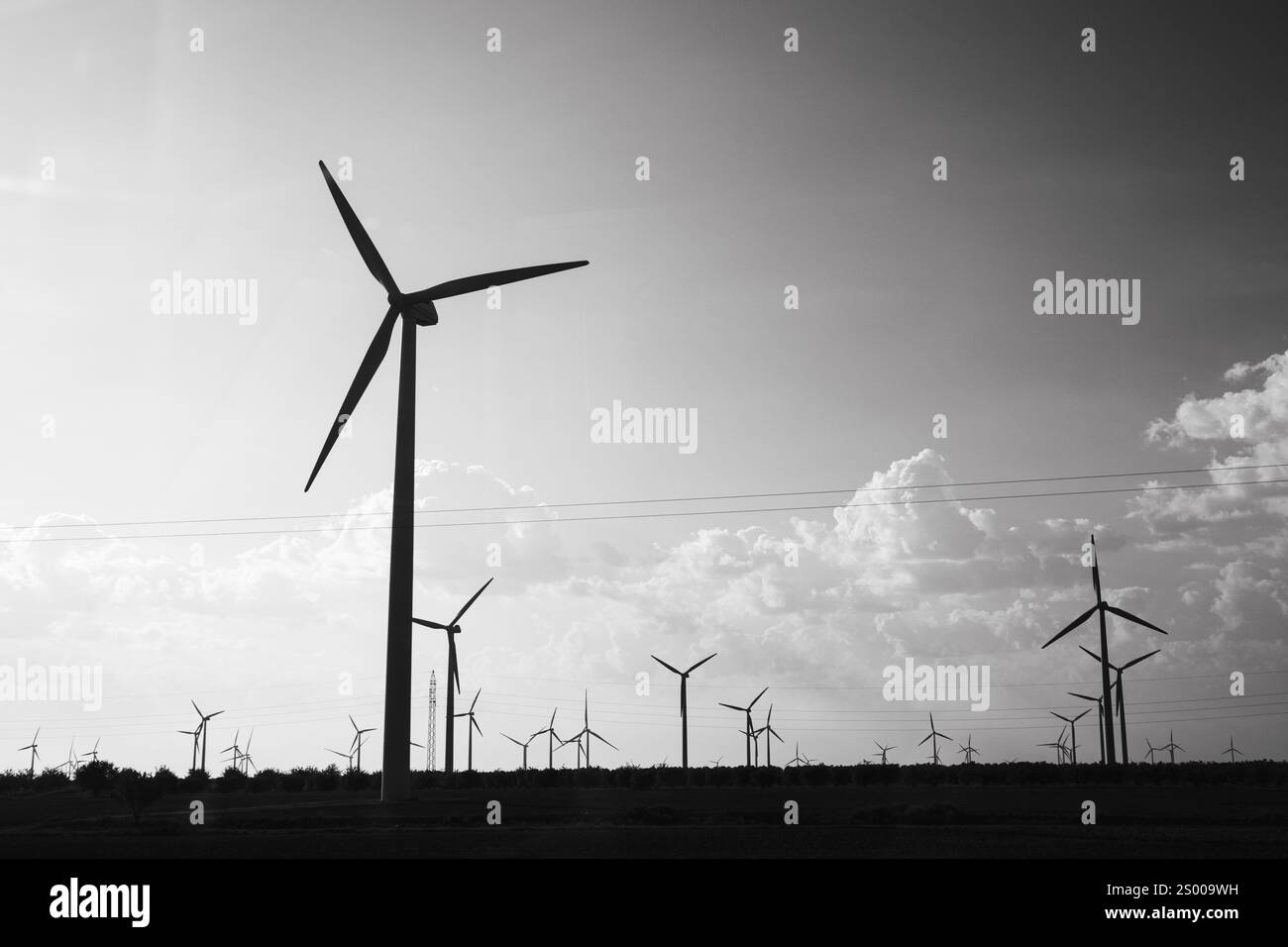 Wind turbines energy generator on wind farm black and white background ...